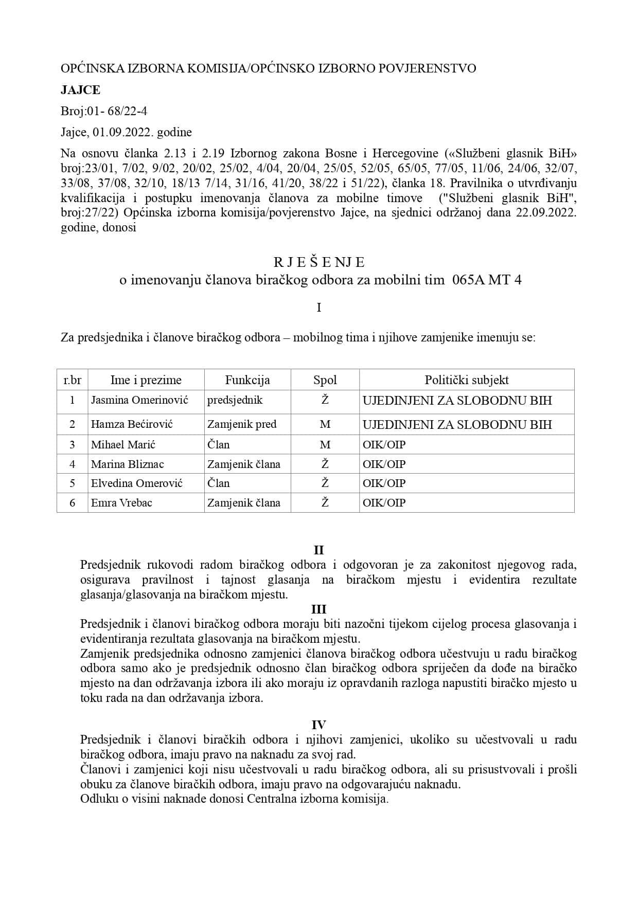 Izbori 2022 – Rješenja o imenovanju mobilnih timova – Klik Jajce