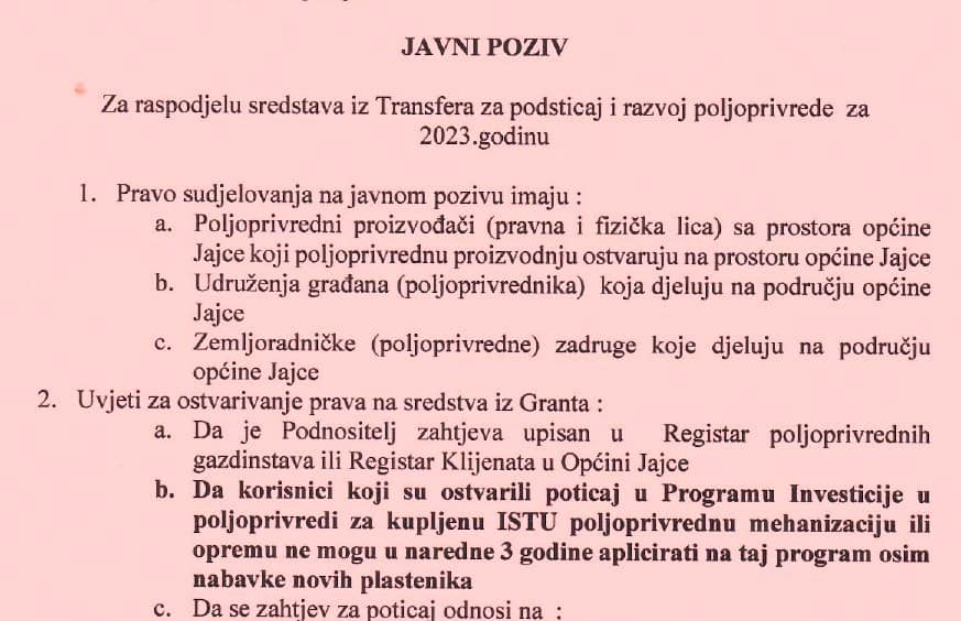Javni poziv Općine Jajce – Poticaj za razvoj poljoprivrede za 2023. godinu – Klik Jajce